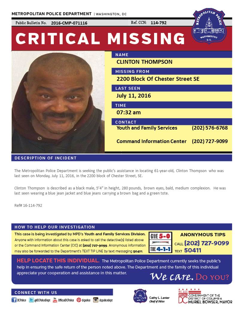 Missing: 61-yr-old Clinton Thompson, last seen on July 11, 2016 in the ...