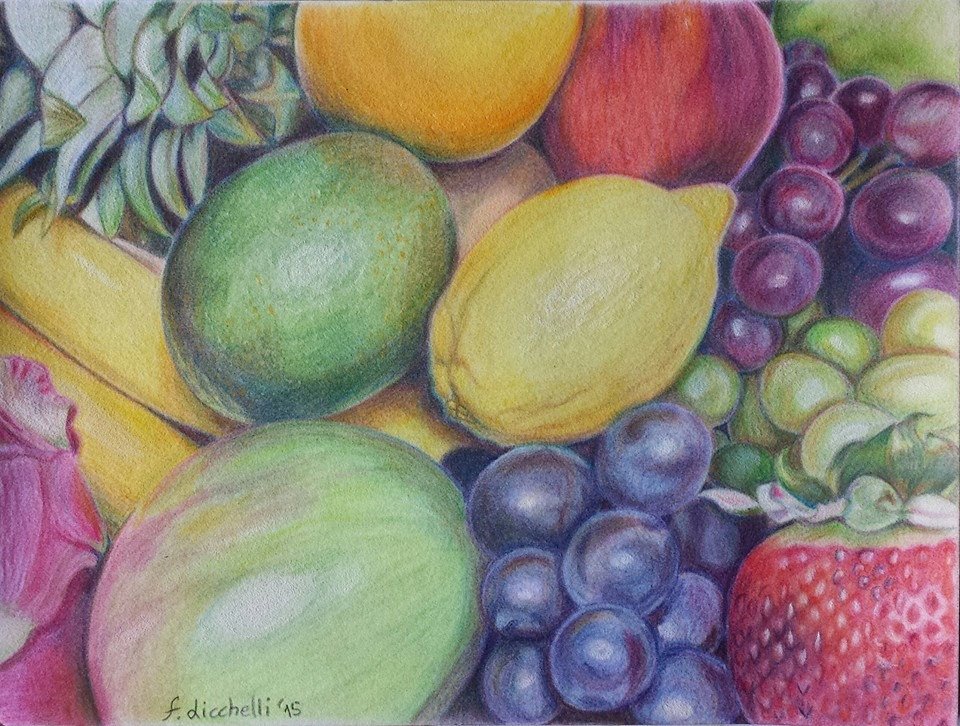 Still Life Drawing Of Fruits In Colour