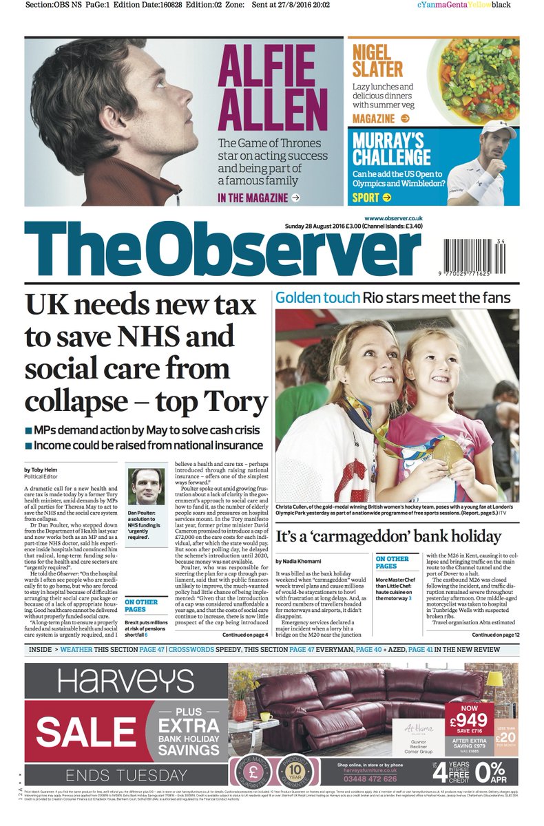 Observer front page, Sunday 28 August 2016: UK needs new tax to save ...