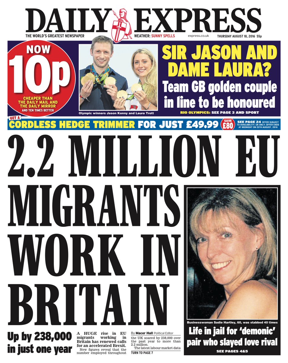 DAILY EXPRESS FRONT PAGE: '2.2 million EU migrants work in Britain ...