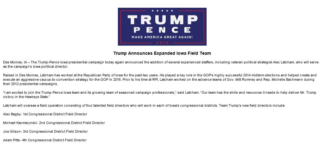 Trump campaign in Iowa hires IowaGOP staffer Alex Latcham as political ...
