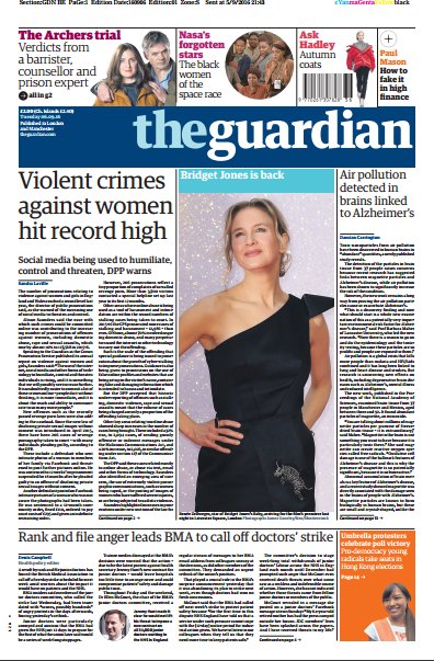 The guardian front page: 'violent crimes against women hit record high ...