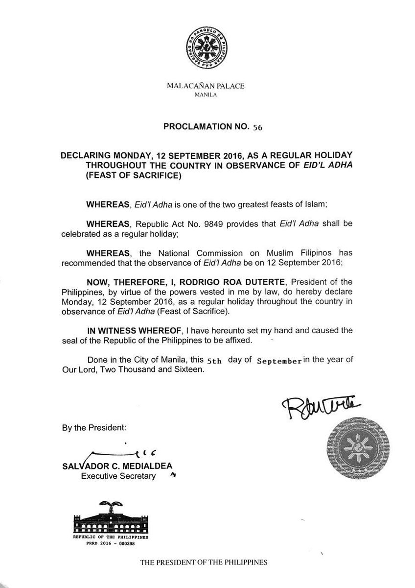 Proclamation No. 56 declares Sept. 12, 2016 as a REGULAR holiday ...