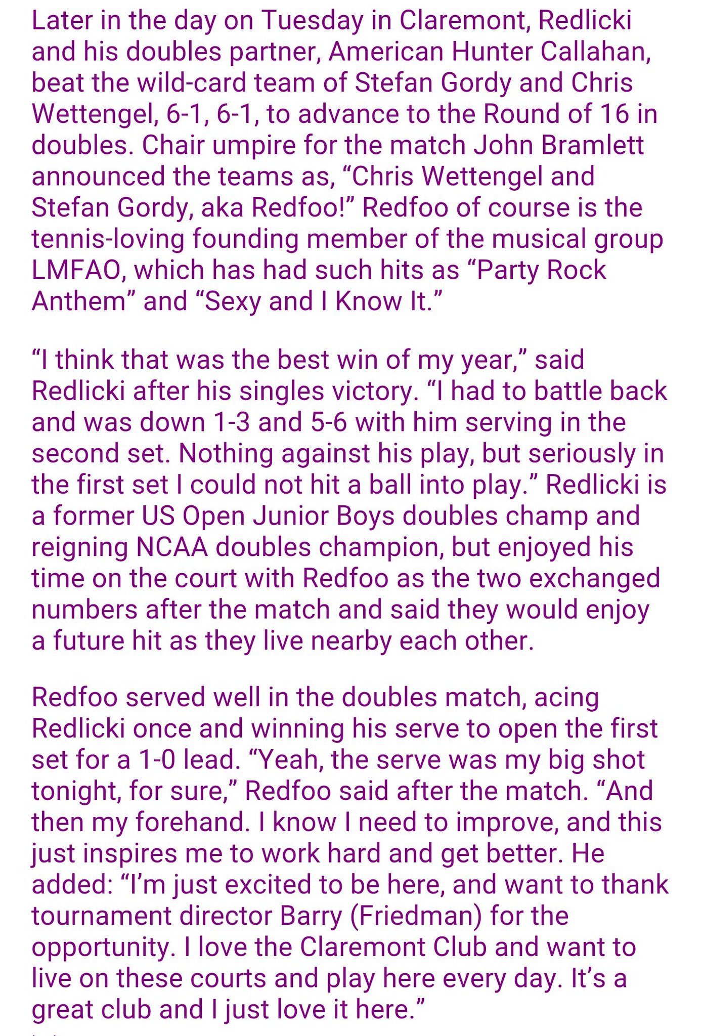 LMFAO's RedFoo now playing professional tennis? | Talk Tennis LMFAO's RedFoo now playing professional tennis? | Talk Tennis