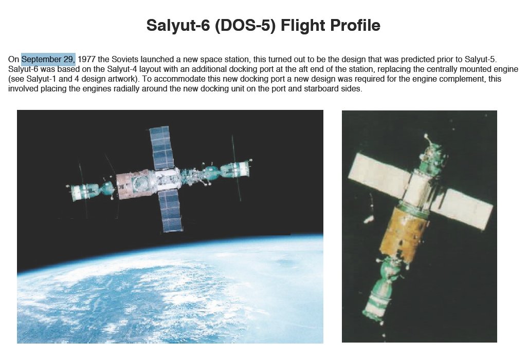 Sept. 29, 1977 - Launch of the new Soviet Space Station Salyut-6. The ...