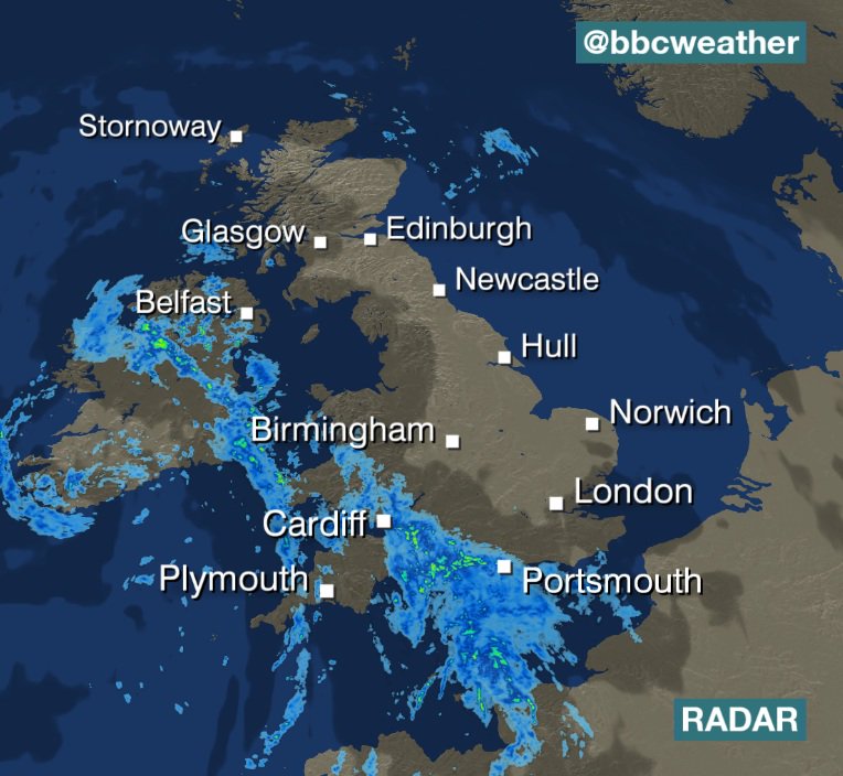 Radar shows some rain. It's moving north, fairly quickly, sunny spells ...