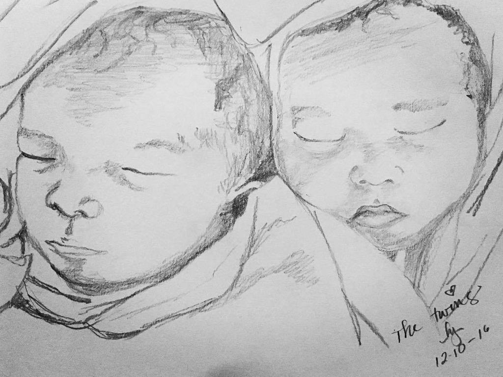 Twin Newborn Baby Pencil Drawings