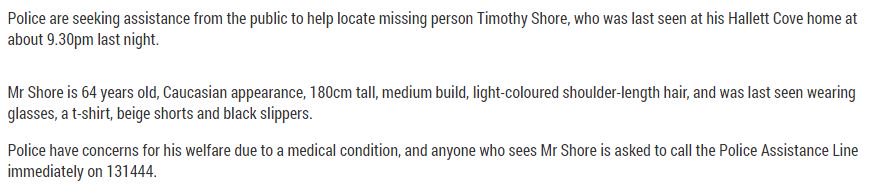 MISSING: Timothy Shore was last seen at his Hallett Cove home at about ...