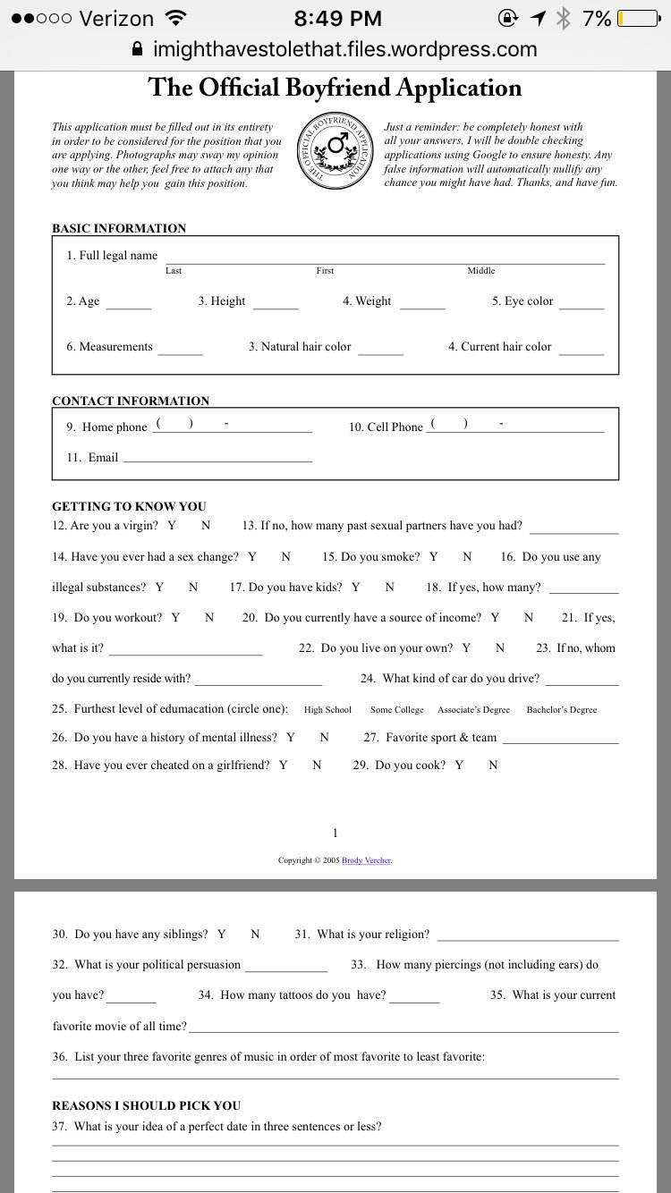 Official Boyfriend Application Form