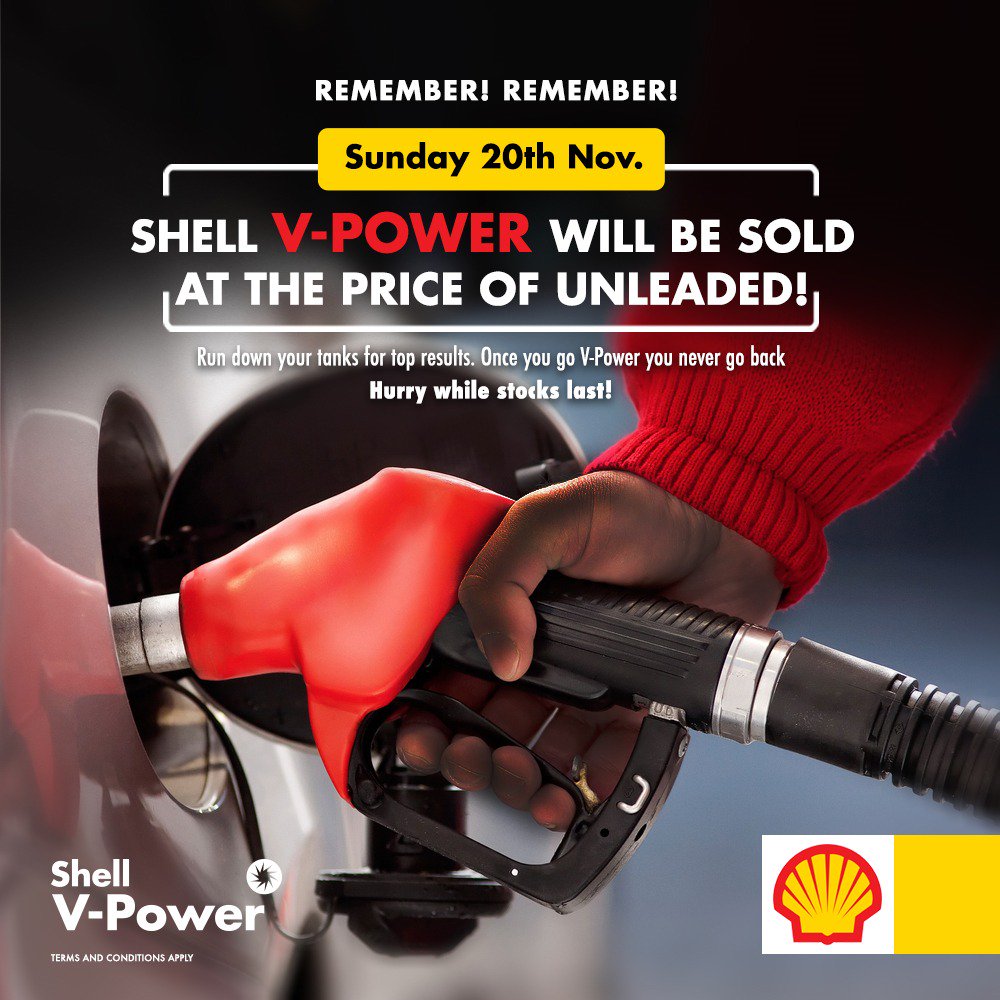 This Sunday,20th Nov,Shell V-Power will retail at the price of Unleaded ...