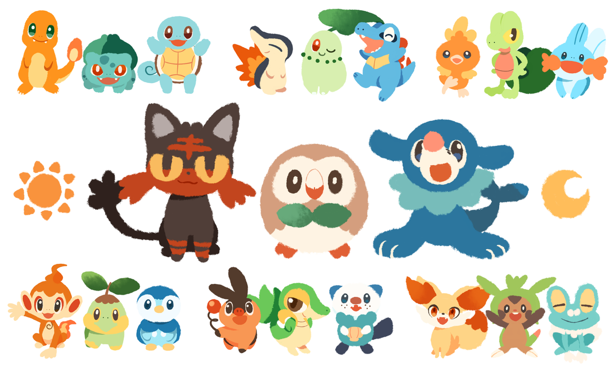 All starters painted in a lovely art style by Hitofutarai : r/Pokemonart