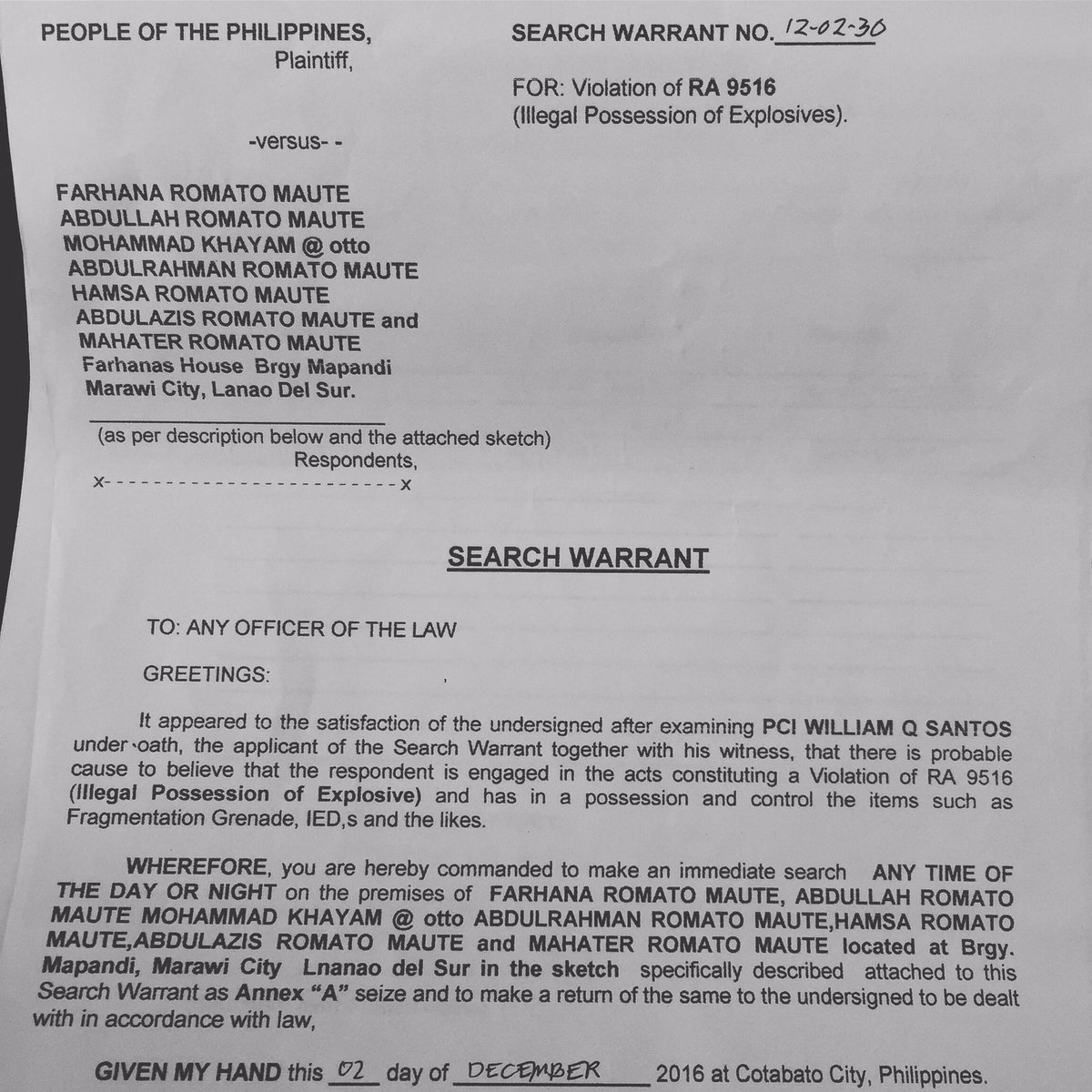 LOOK: One of three search warrants issued vs Maute family. | via ...