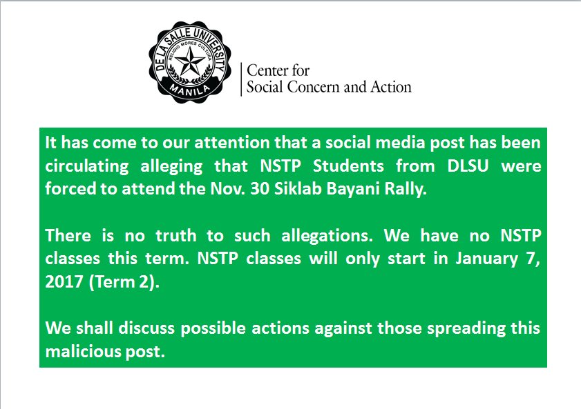 Statement on Alleged NSTP Students Forced to Attend Rallies - DLSU ...