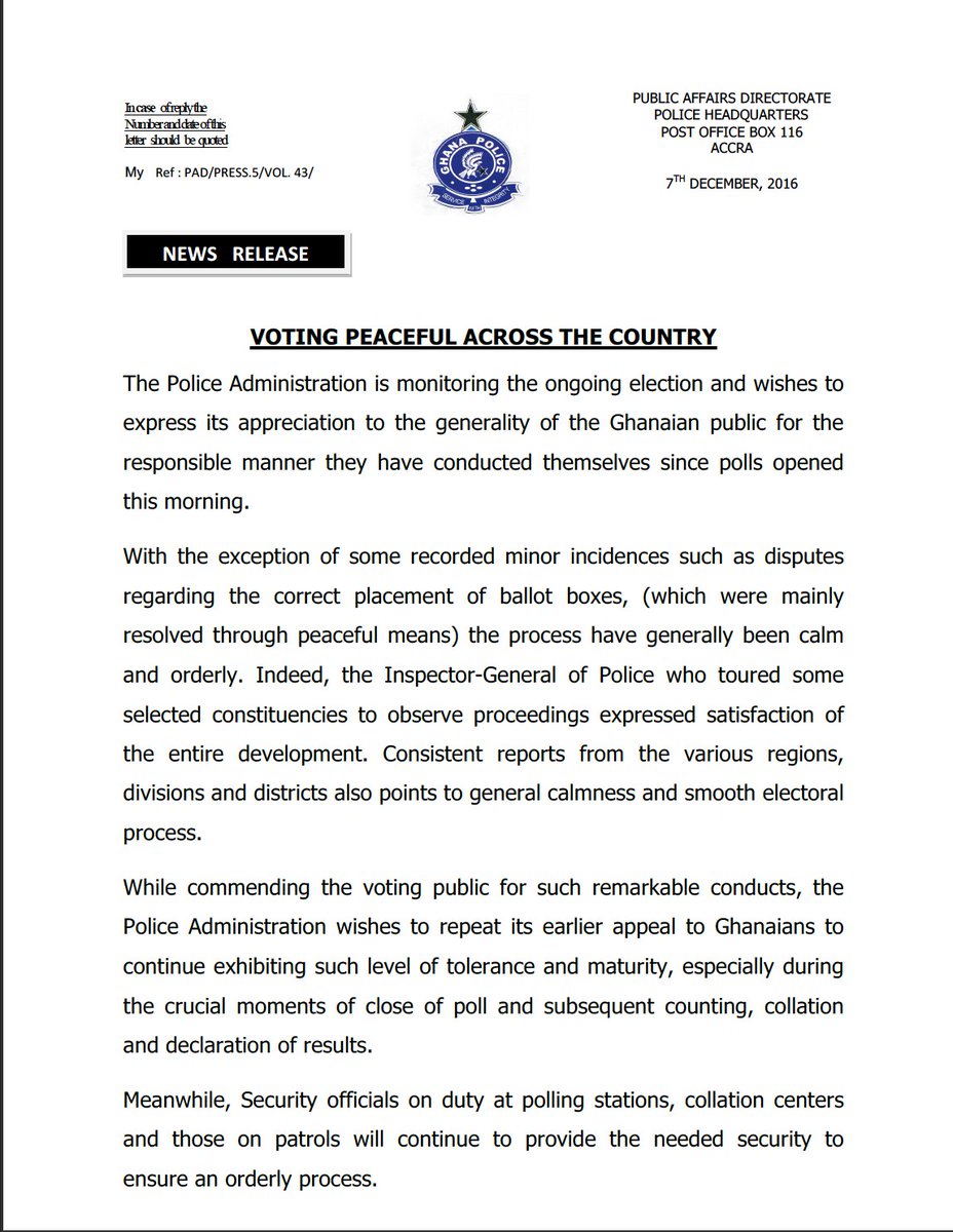Breaking: Ghana Police official press release on election day ...