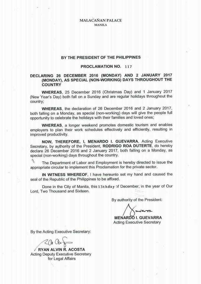 LOOK: Proclamation No. 117 declaring Dec. 26, 2016 and Jan. 2, 2017 as ...