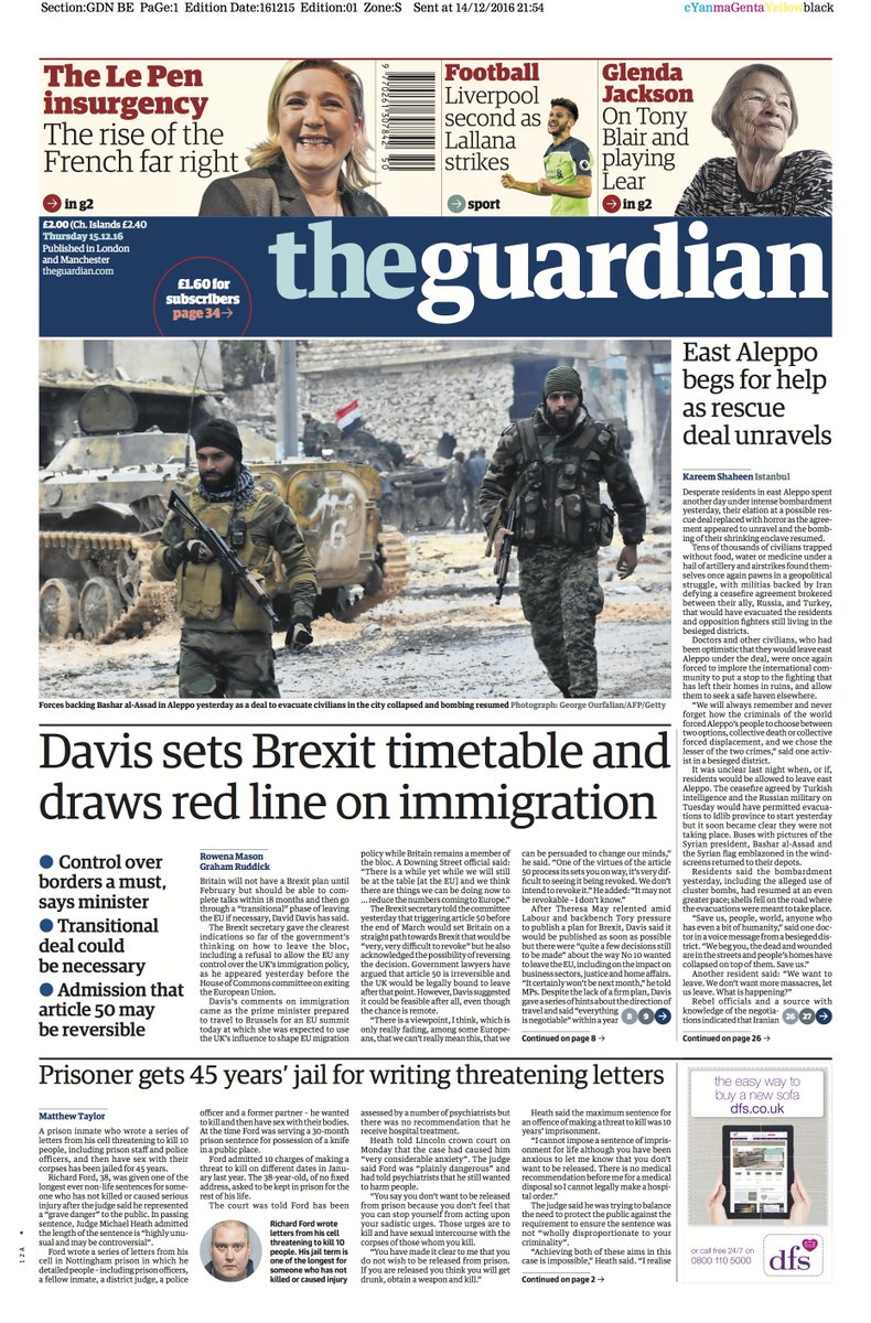 The Guardian front page, Thursday 15 December: Davis sets Brexit ...