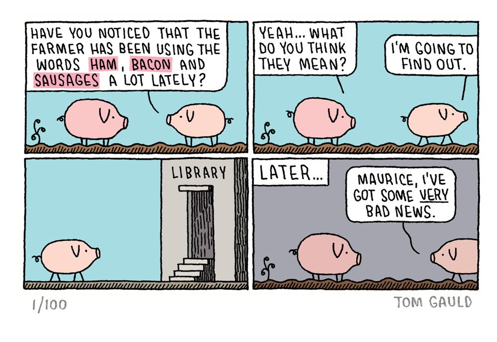 「A cartoon about pigs and the sketchbook page it came from. 」Tom Gauldの漫画
