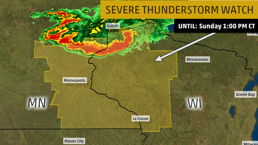 A severe t-storm watch is in effect until 1 p.m. CT for parts of eastern MN and western WI ...