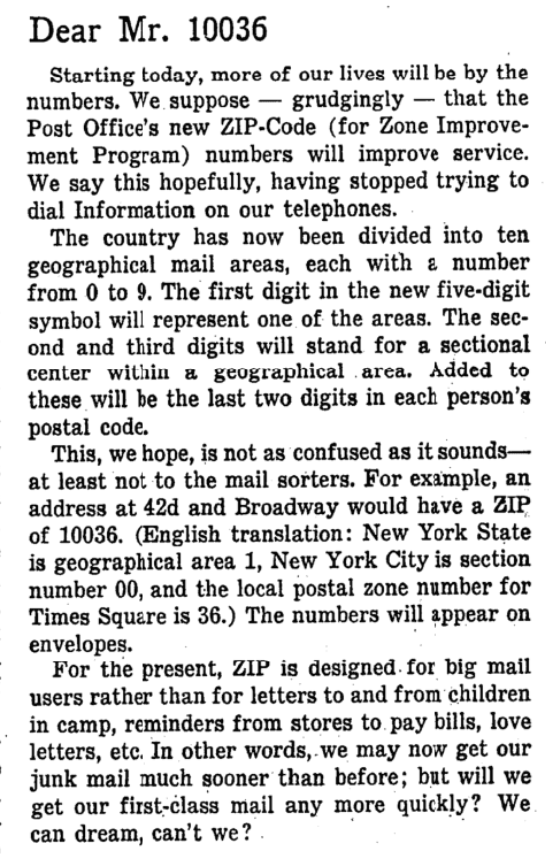 ZIP codes were first introduced, on this day in 1963. The Times ...