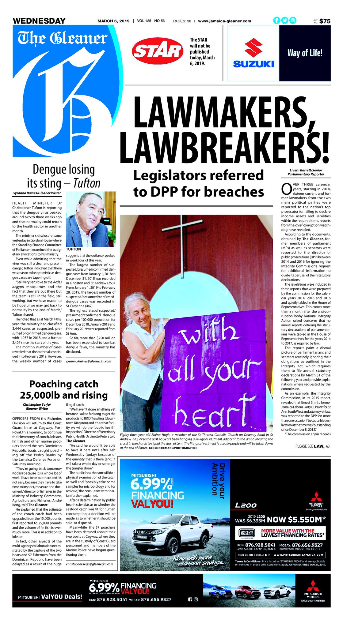 Jamaica Gleaner on Twitter: "Wednesday's front page of The Gleaner. Pick up a copy or read ...