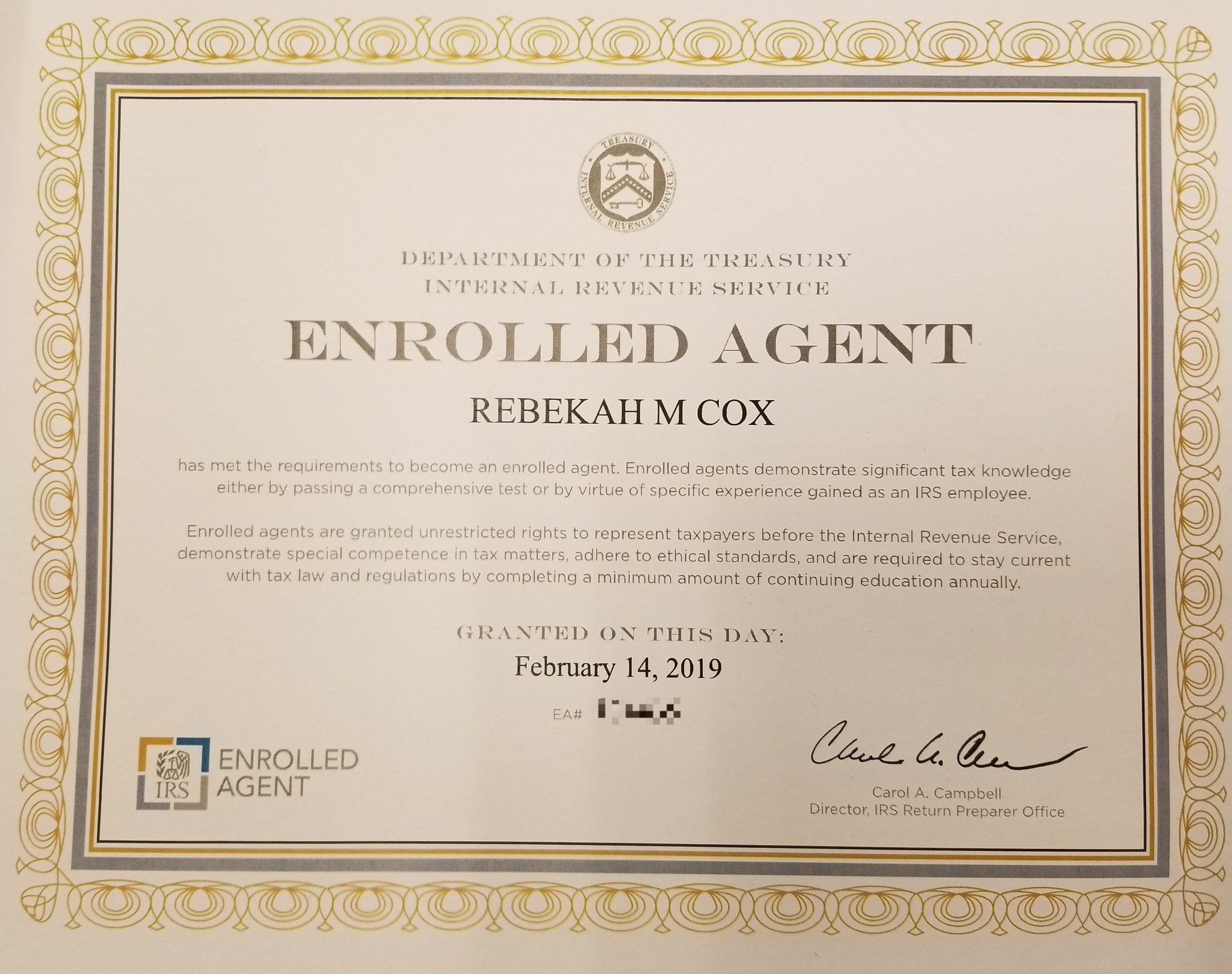 Enrolled Agent Certificate Free Shipping! May 1, 2024 February 28,