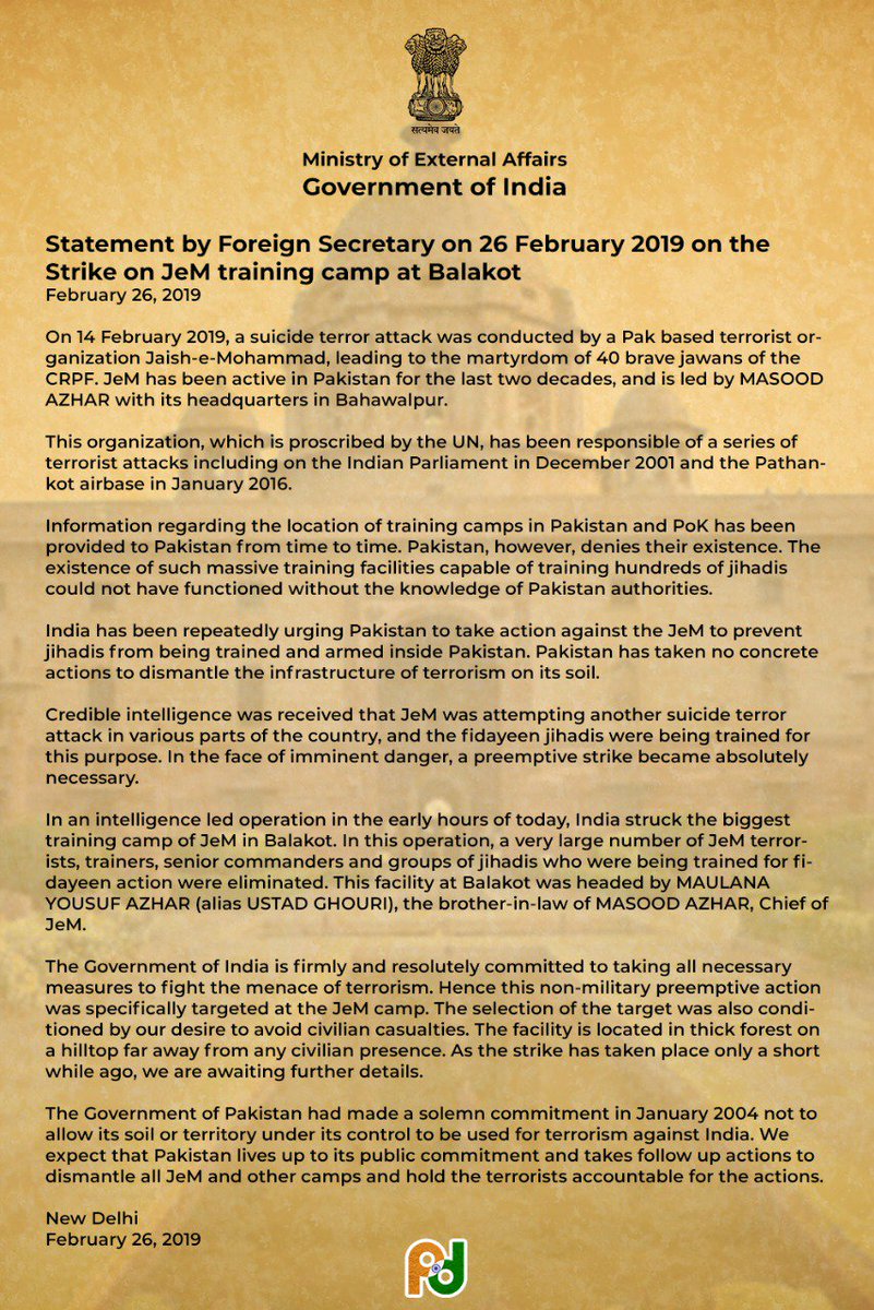 Indian Diplomacy On Twitter Statement By Foreign Secretary On 26