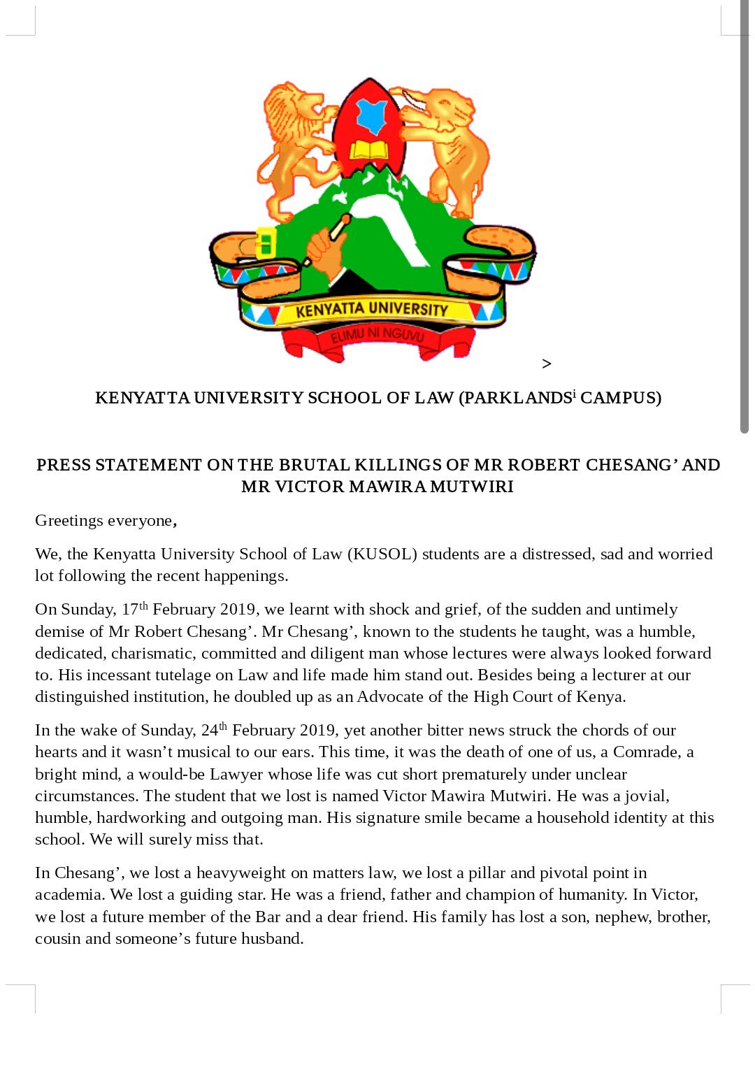 The People’s Watchman on Twitter: "Students from Kenyatta University law school, Parklands are ...