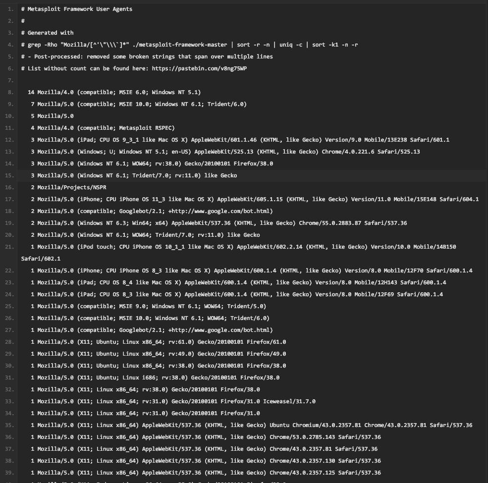 Florian Roth ⚡️ on Twitter: "Metasploit Framework User-Agents https://t.co/wdtBqWSu4V Please ...