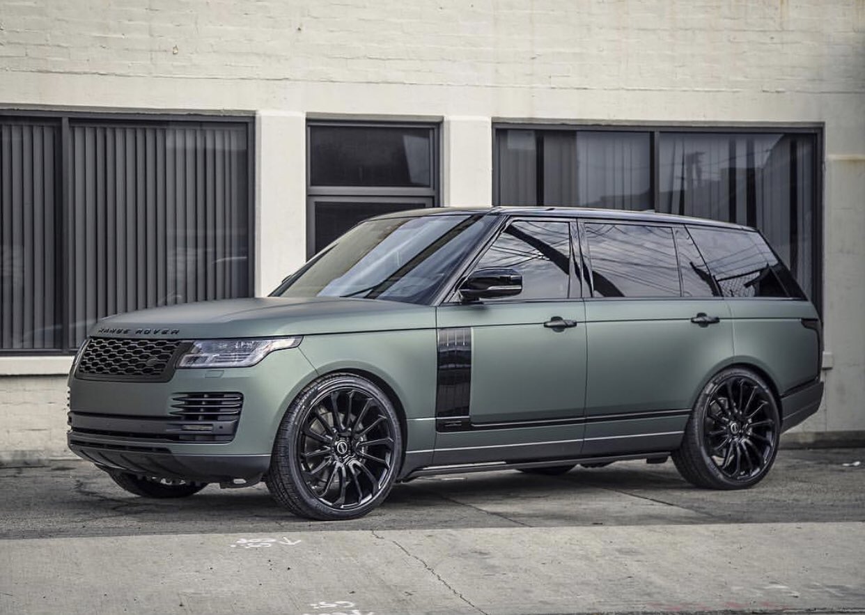 West Coast Customs on X Green with Envy This LandRover Range Rover just left the wccshop with a dope army green wrap on custom black painted wheels and FilmsJwf to keep