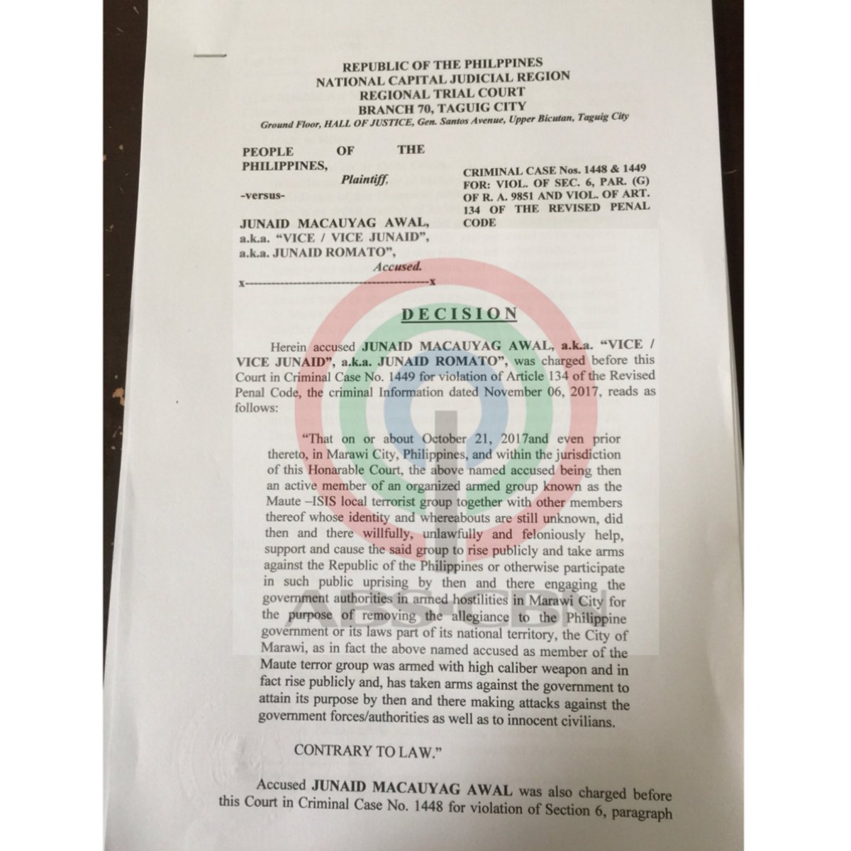 Taguig RTC Br 70 Presiding Judge Felix Reyes sentences Junaid M. Awal ...