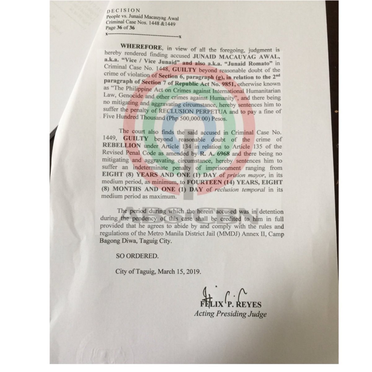 Taguig RTC Br 70 Presiding Judge Felix Reyes sentences Junaid M. Awal ...