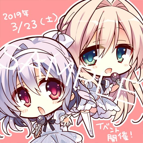 multiple girls 2girls chibi microphone dress holding microphone ...