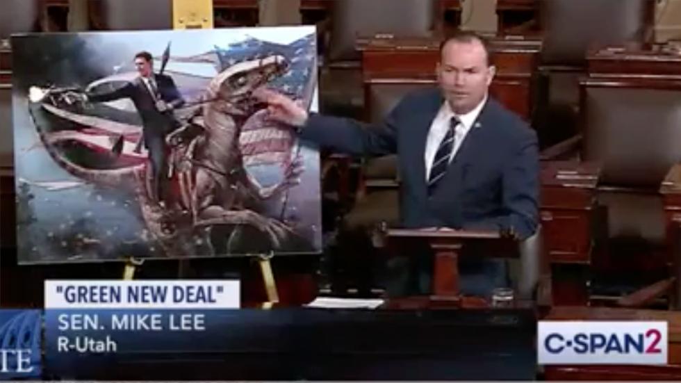 GOP senator brings poster of Ronald Reagan riding a dinosaur to Green ...