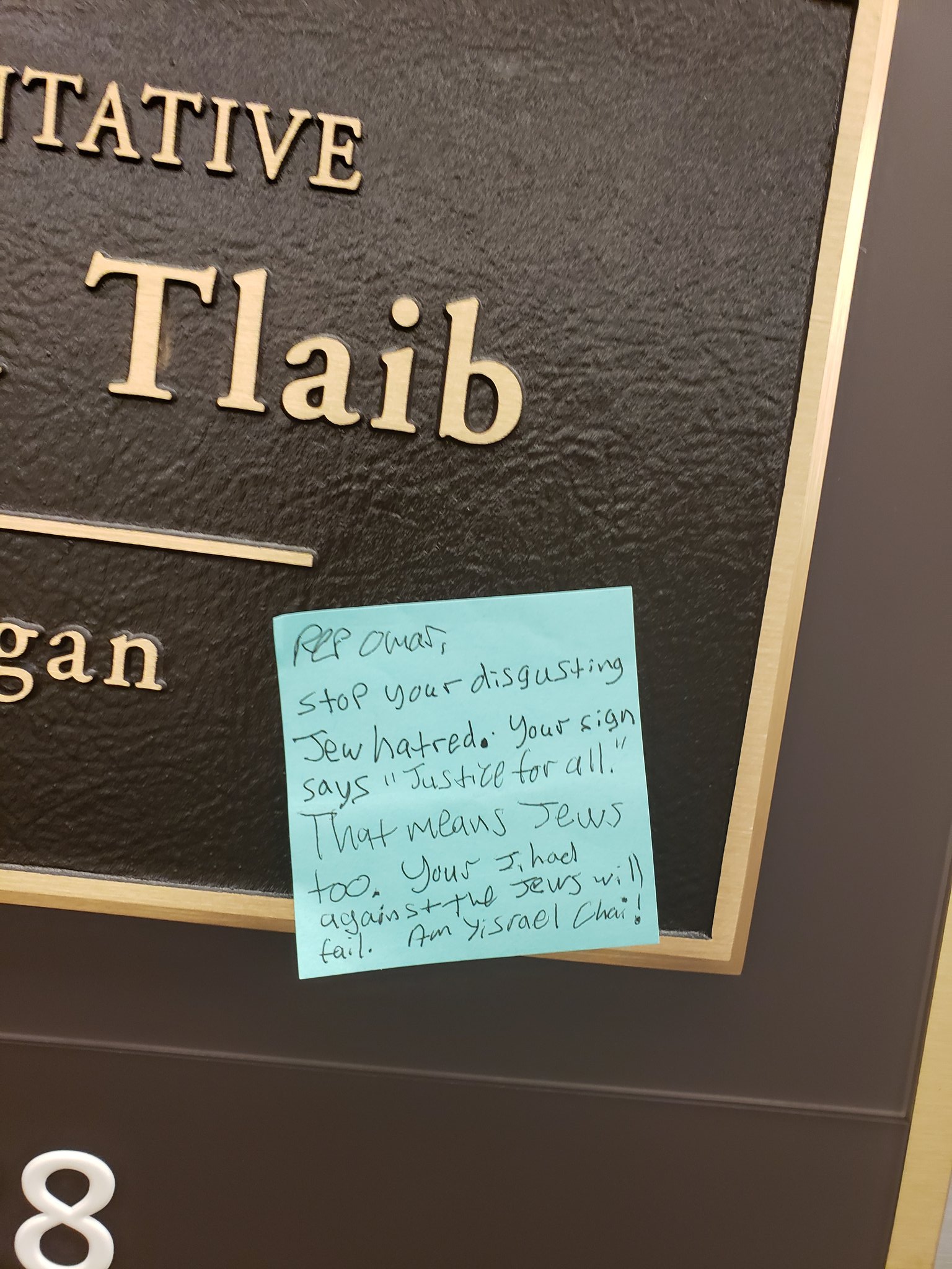 U.S Rep. Rashida Tlaib shares 'hateful,' 'bullying' note left on office ...
