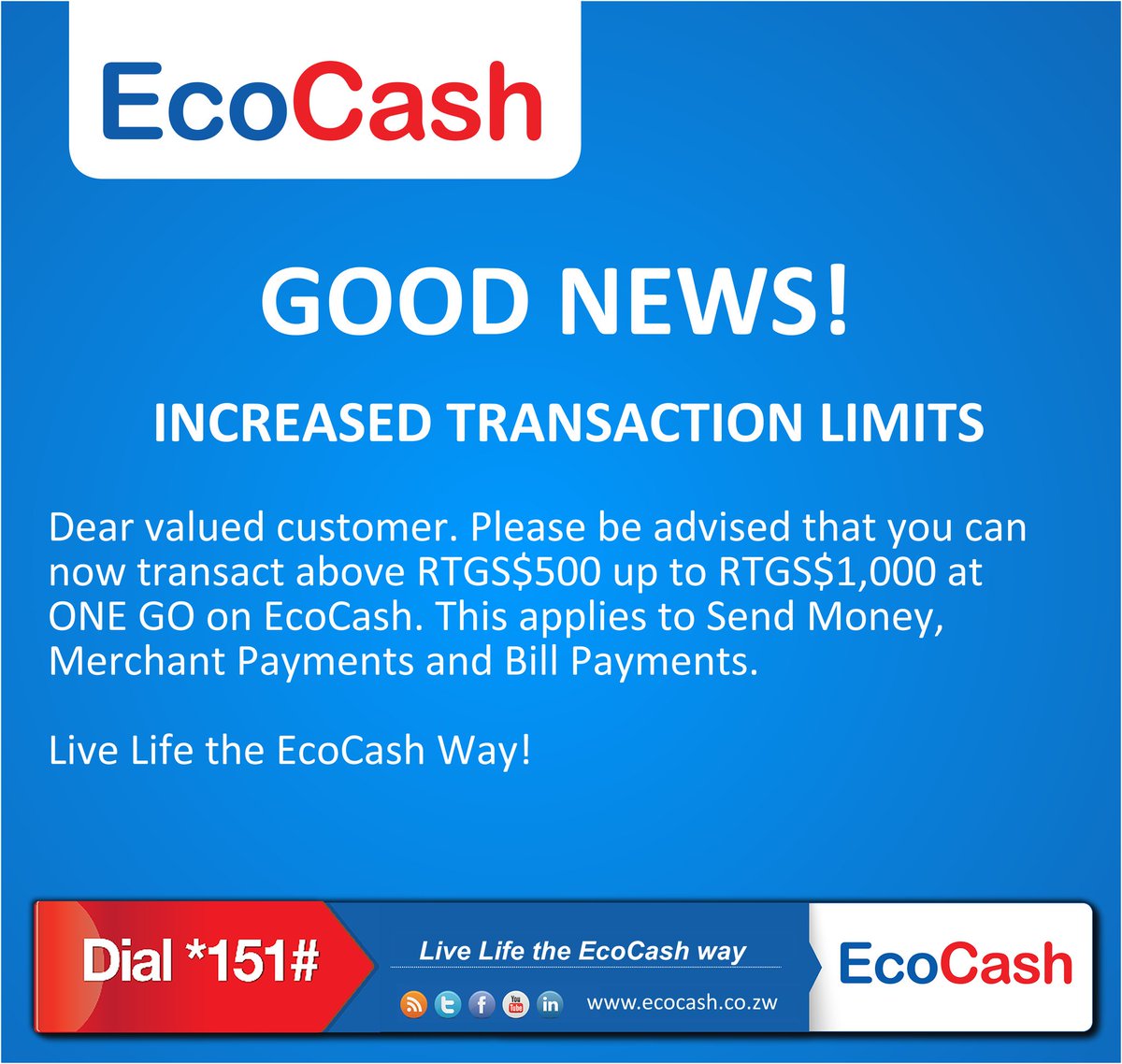 EcoCash Raises Transaction Limit To RTGS$1 000 ⋆ Pindula News