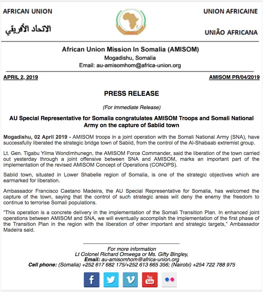 AMISOM welcomed capture of Sabib town from Al-shabab. - Mustaqbal Media