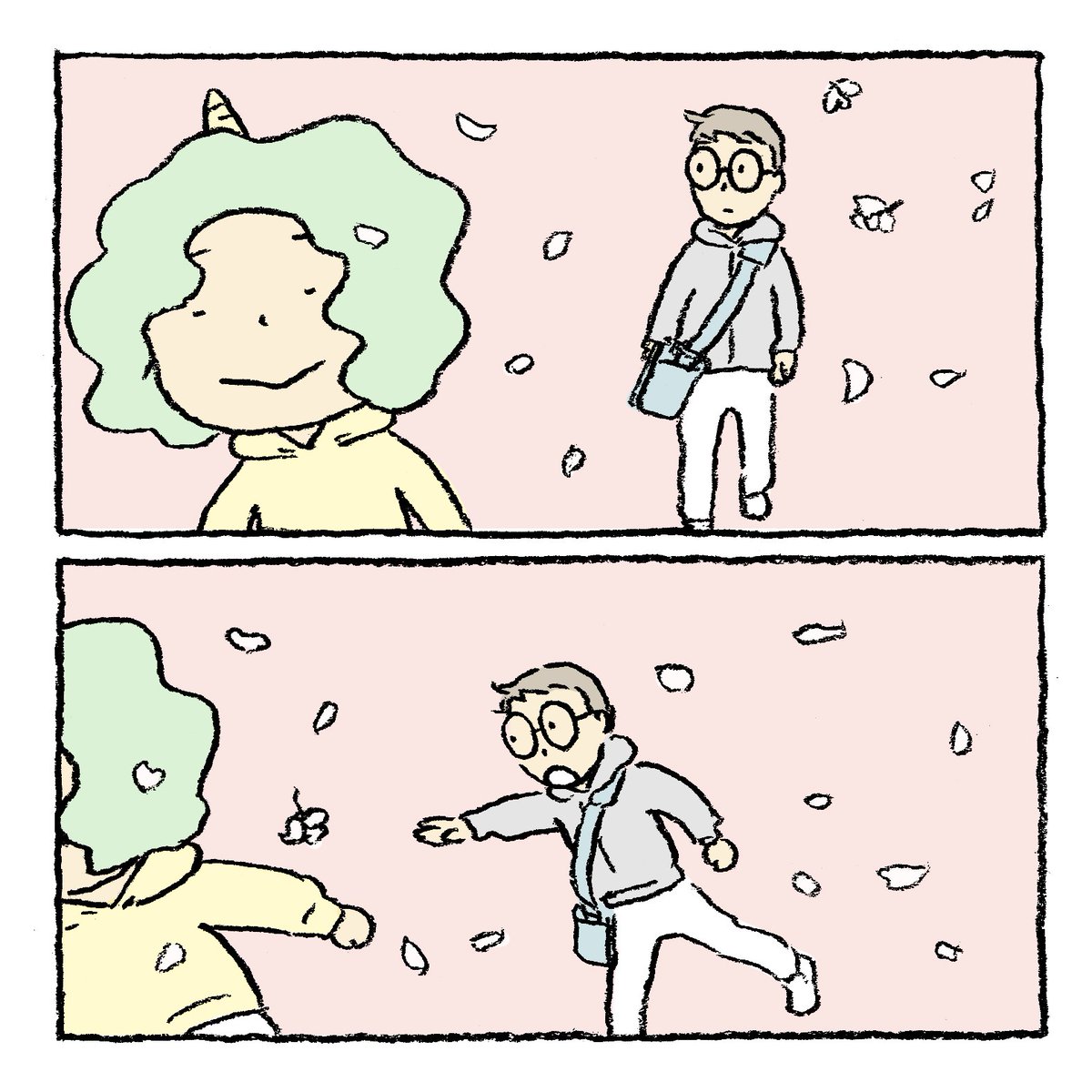 「春が強くて飛ばされそう Spring is windy. #鬼の子 」ながしまひろみの漫画