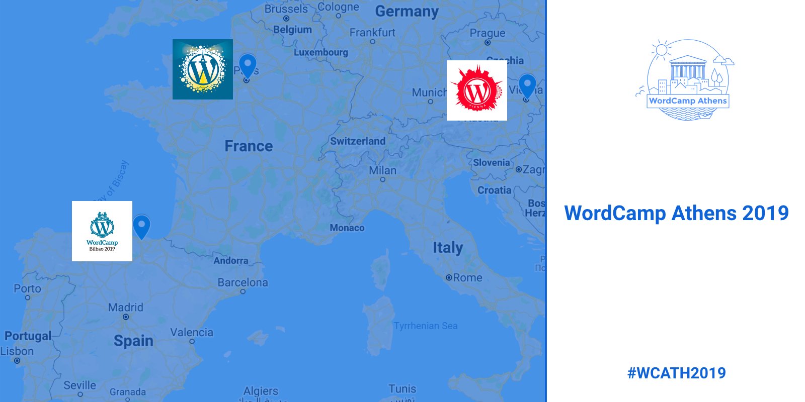 WordCamp Athens on Twitter: "Hello to @WordCampParis , @WPVienna and @WPBilbao. 🇫🇷 🇦🇹 🇪🇸 Wishing ...
