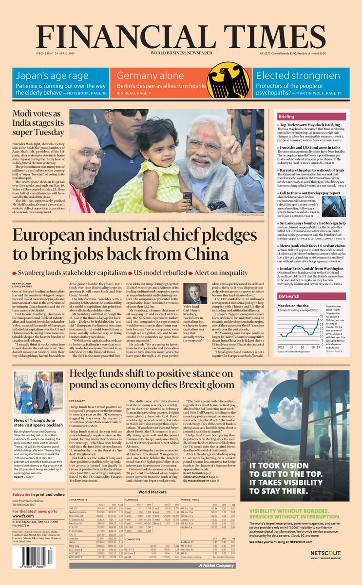 Front page of the London edition of the Financial Times for Wednesday ...