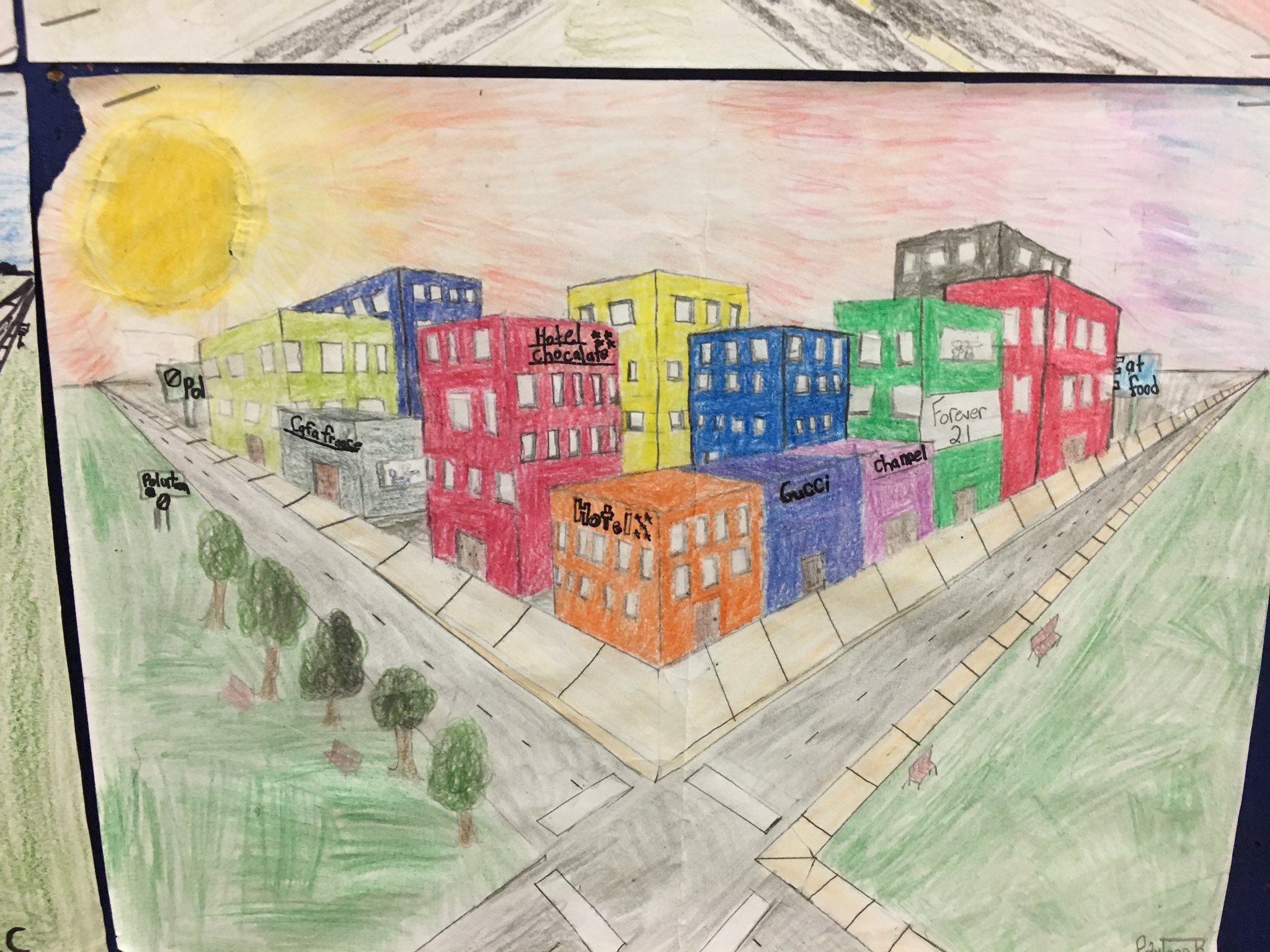 2 Point Perspective Drawing City Color