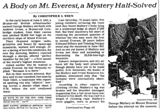 20 years ago today, the body of George Mallory was found on Mount ...