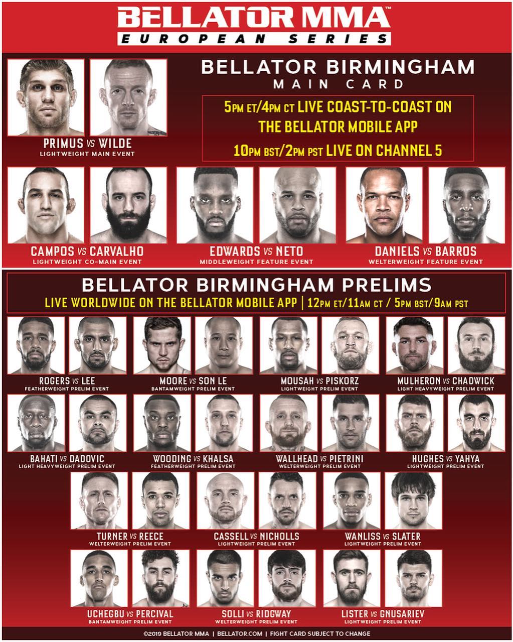 Bellator Birmingham: Primus vs. Wilde, 12 PM ET/9 AM PT/5 PM BST PBP ...