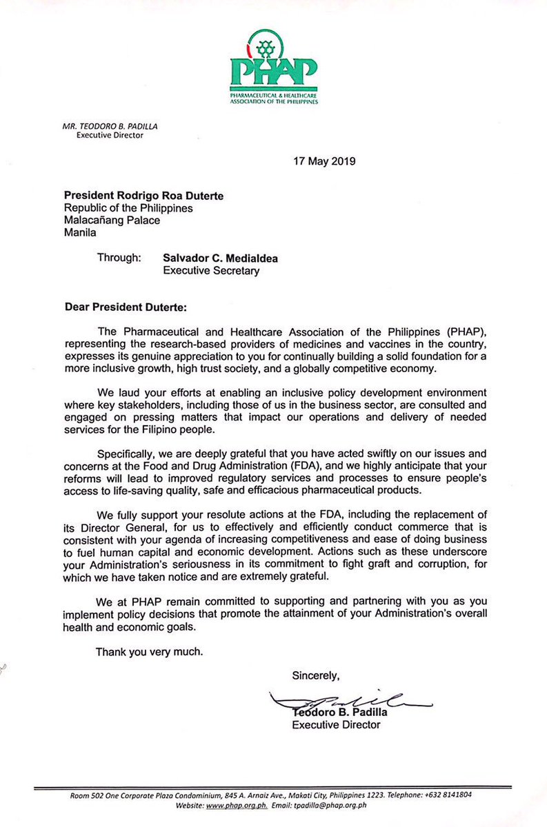 READ: PHAP letter to President Duterte after the termination of ex-FDA ...