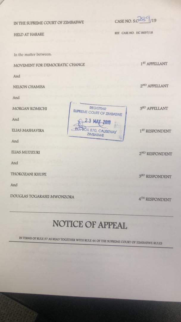 MDC Files Appeal Against Justice Mushore Judgement ⋆ Pindula News