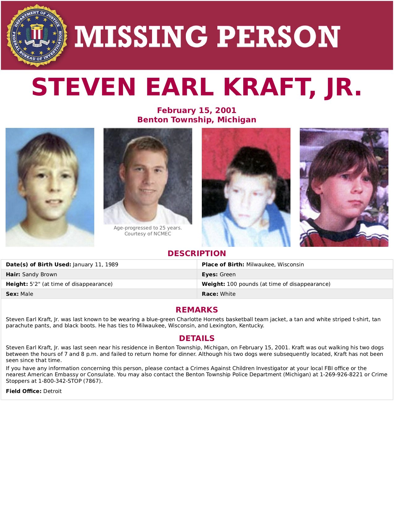FBI Detroit on Twitter: "Steven Earl Kraft, Jr. was last seen near his residence in Benton ...