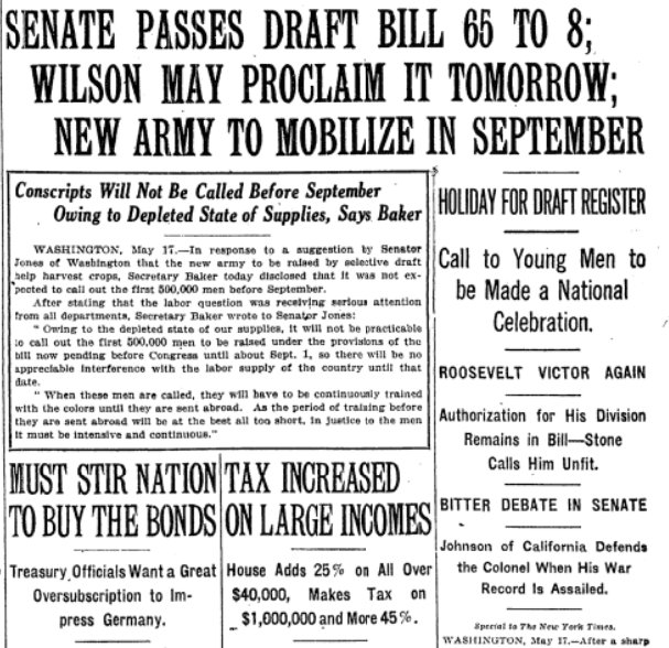 May 18, 1917 - New York Times: Selective Service Act heads to President ...
