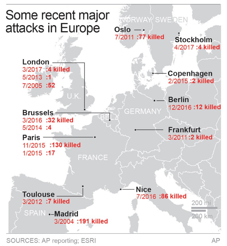 Map illustrates recent major attacks across Europe; on May 1, State ...