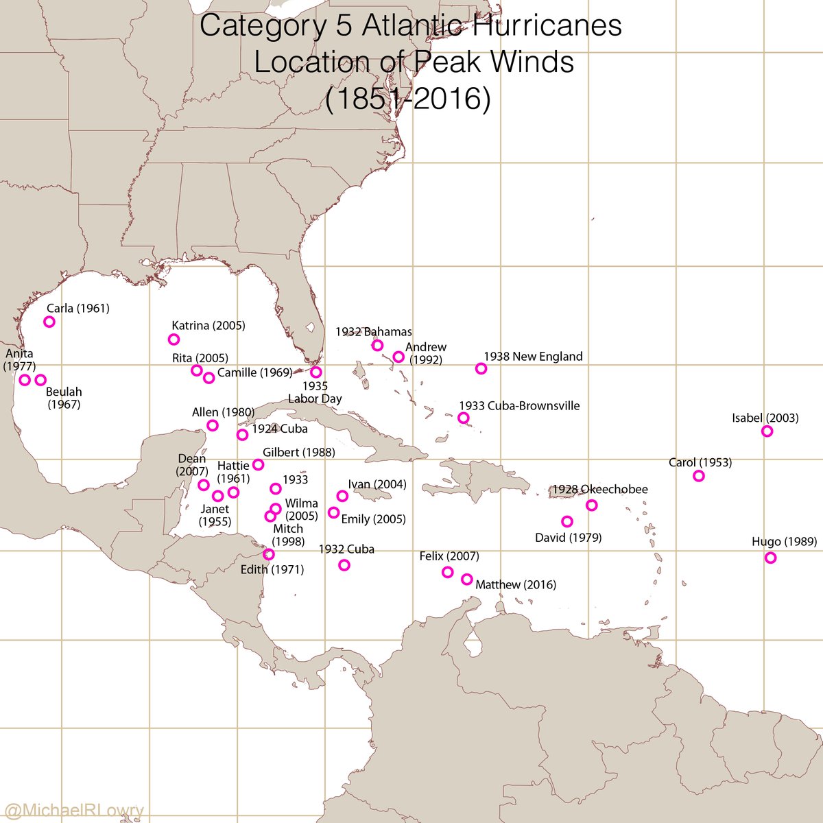 Weather geeks: Map depicting Atlantic Cat 5 hurricane peak locations ...