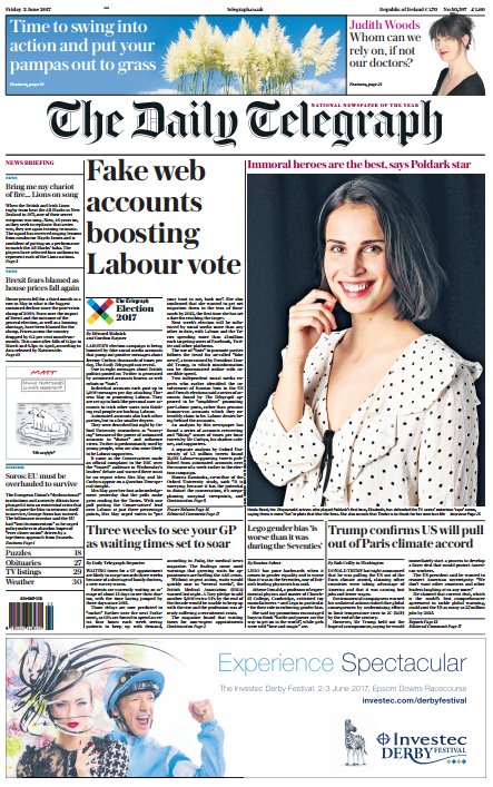 DAILY TELEGRAPH FRONT PAGE: 'Fake web accounts boosting Labour vote ...